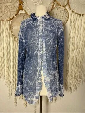 Komarov | Tops | Komarov Blue White Long Sleeve Bell Cuff Crinkle ...